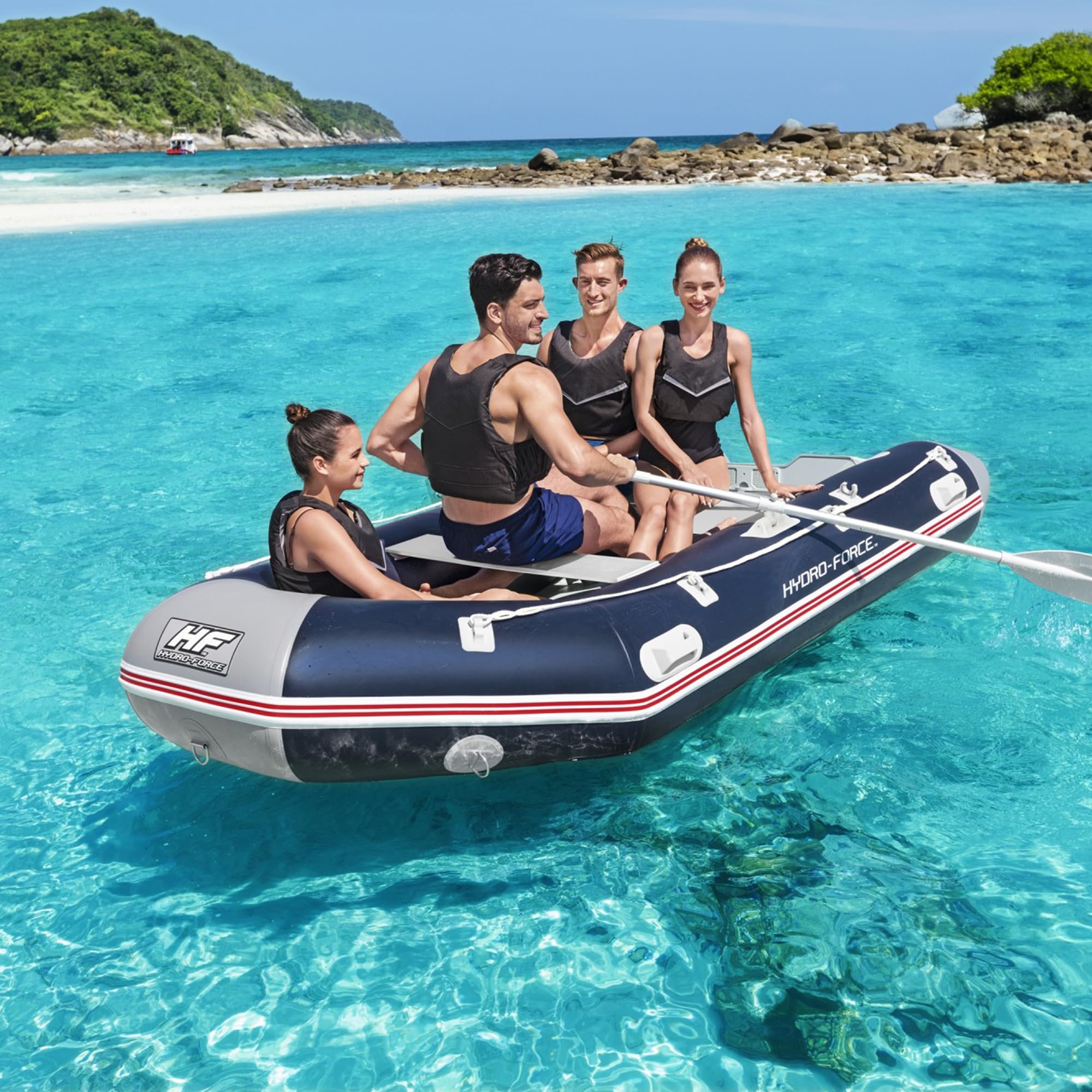 Bestway Hydro-Force Mirovia Pro Inflatable 5 Person Outdoor Water Lake Raft Boat Set with 2 Aluminum Oars, Hand Pump, Pressure Gauge, and Repair Patch