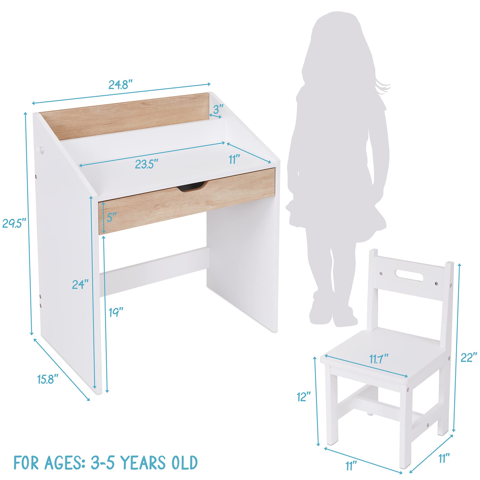 Lil' Jumbl Toddler Wooden Study Desk and Chair Set, Home School Learning Workstation with Writing Table, Storage Drawer, Tabletop Organizer & Hanging Hooks for Children Studying, Reading & Drawing
