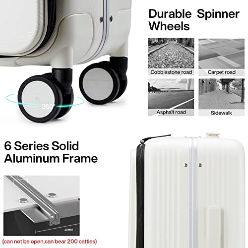Hanke 20 Inch Carry On Luggage with Front Pocket Aluminum Frame (Can Not Open in The Middle) Hard Shell Suitcases with Wheels Rolling Luggage Suitcase with Lock Travel Luggage for Weekender-Smoke White