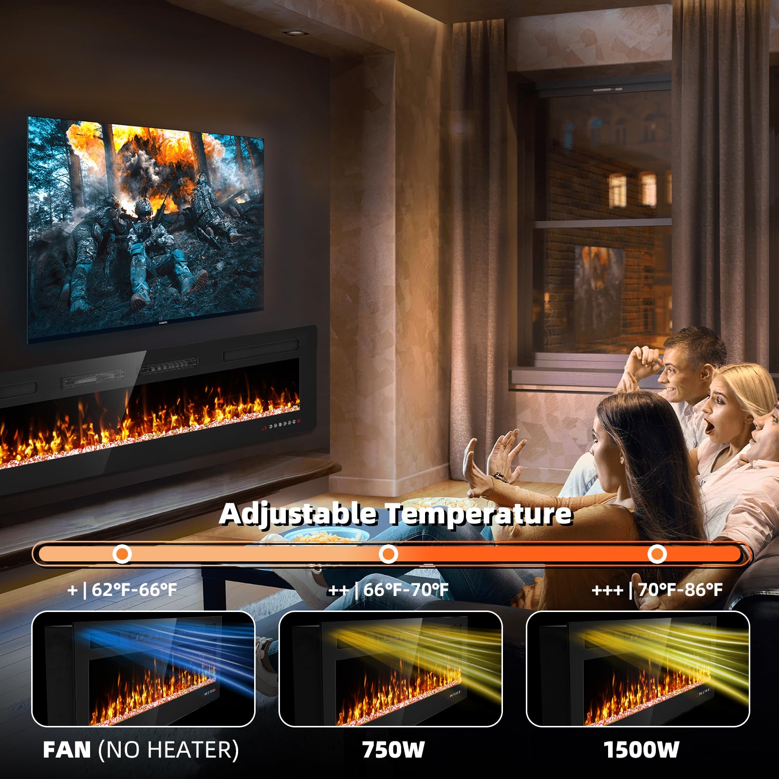 Eueiriup 72” Recessed and Wall Mounted Fire Places Electric Fireplace Ultra Thin with Remote Control, Toucn Screen