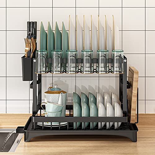 Hovshelf Dish Racks for Kitchen Counter, Dish Drying Rack with Drainboard, 2 Tier Dish Drainers for Kitchen Counter(Black)
