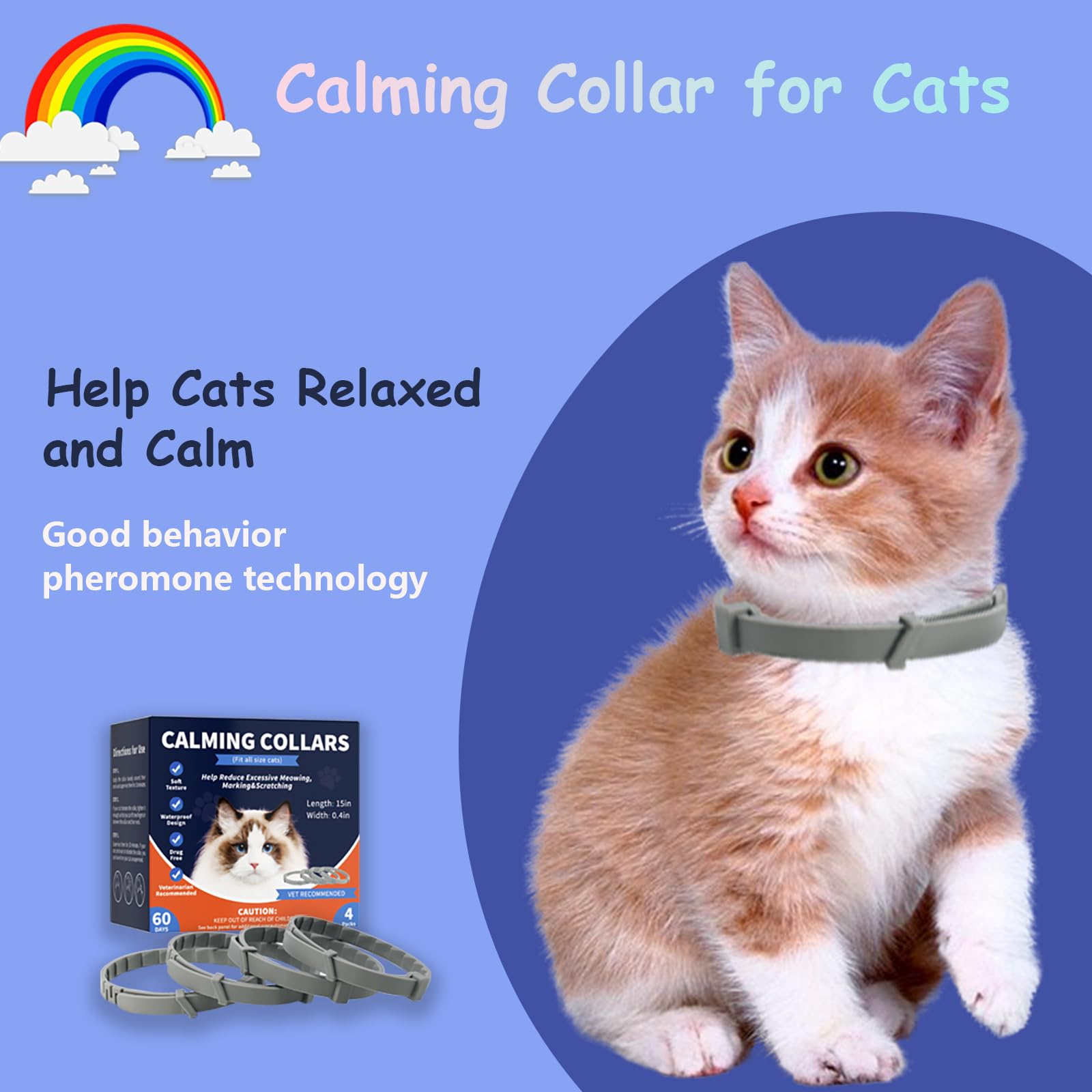 Didakay 4 Pack Calming Collar for Cats, Cat Calming Pheromones Indoor and Outdoor Activities, Natural Scent Adjustable Fit Kittens to Large Cats Relieve Stress Calming Products