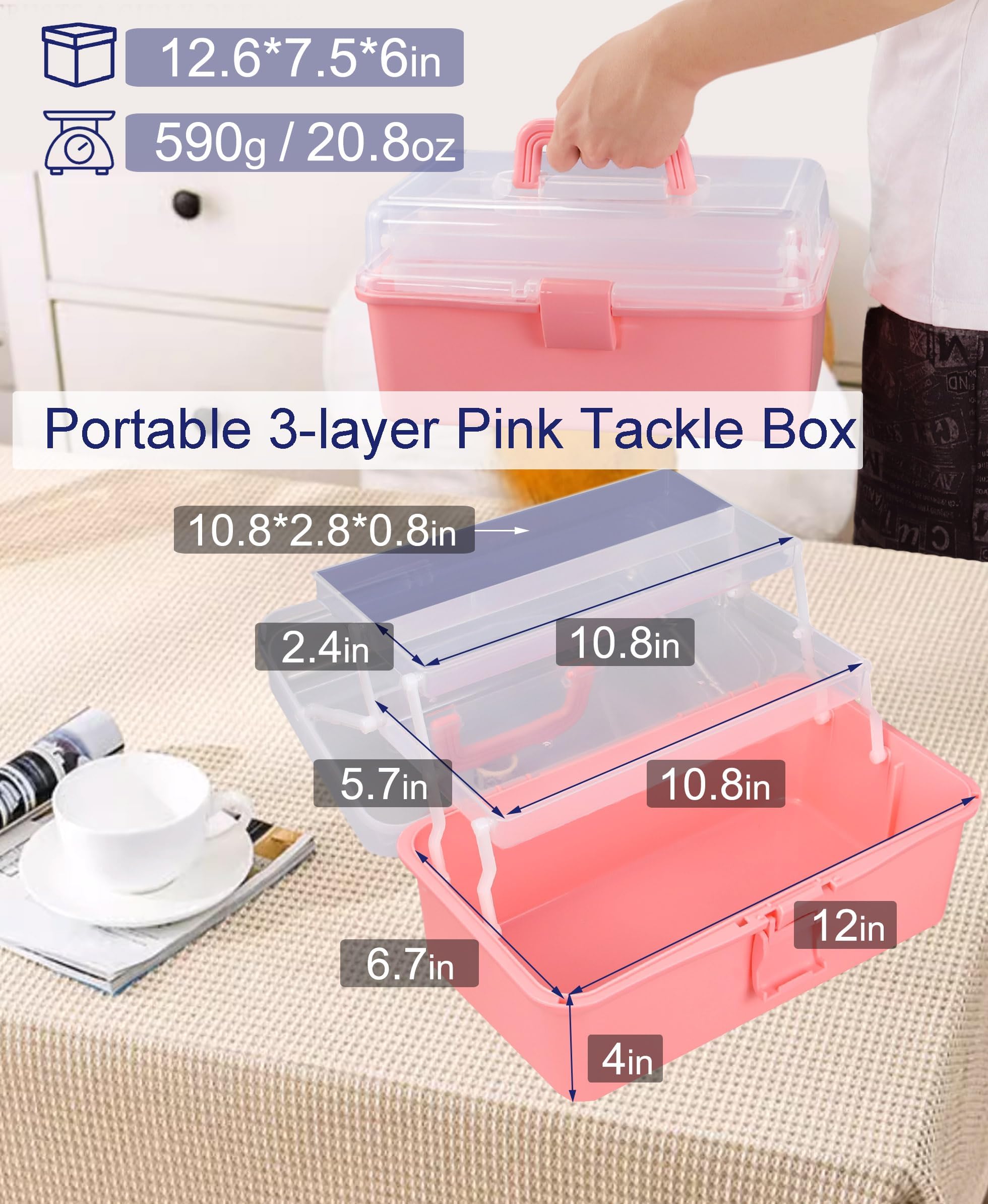 Eujqo Tackle Box Organizer Pink Craft Storage Organizers 3-layer Craft Box Medicine Box Sewing Box Hair Accessories Organizer for Girls Jewelry Box Makeup Organizer Small Plastic Tool Box with Handle