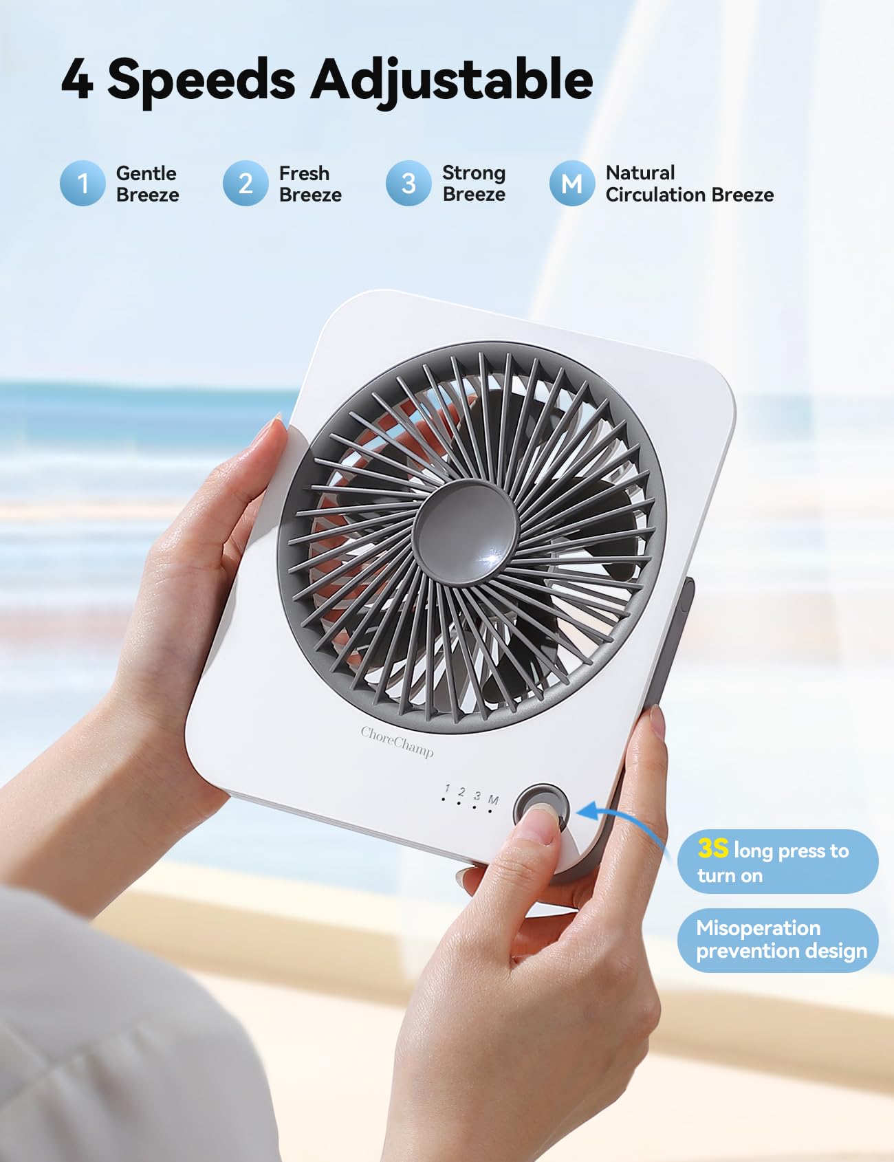 ChoreChamp Rechargeable Fan Portable,4000mAh USB Small Desk Fan with 4-Speed Strong Airflow, Hangable Ultra-thin Folding Camping Fan for Travel, Office, and Home Use