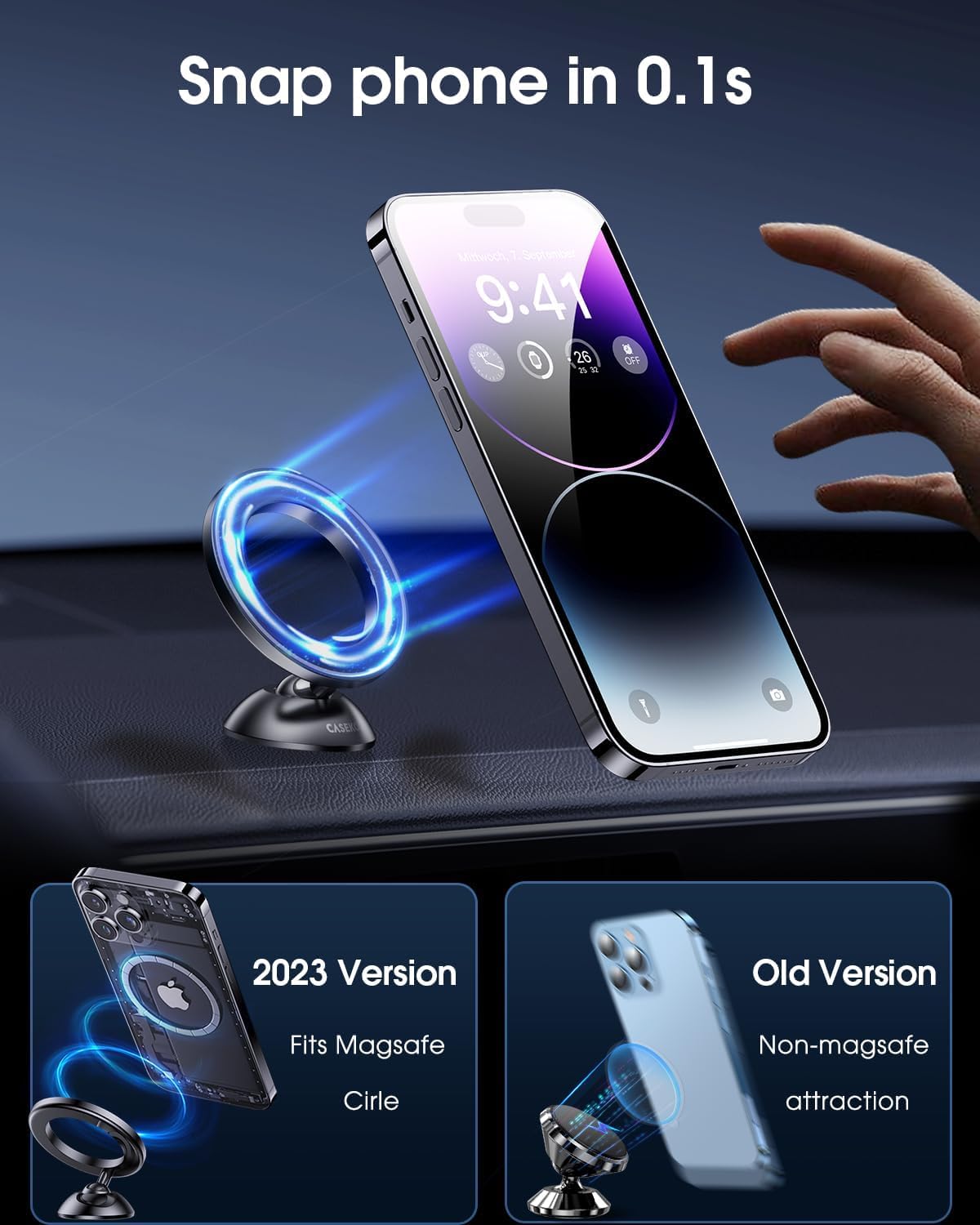 CASEKOO Car Phone Holder, Innovative Magkoo Magnetic Car Mount Smaller Simpler and More Convenient, Compatible with Magsafe 360° Rotatable Fits All Phones & Cases