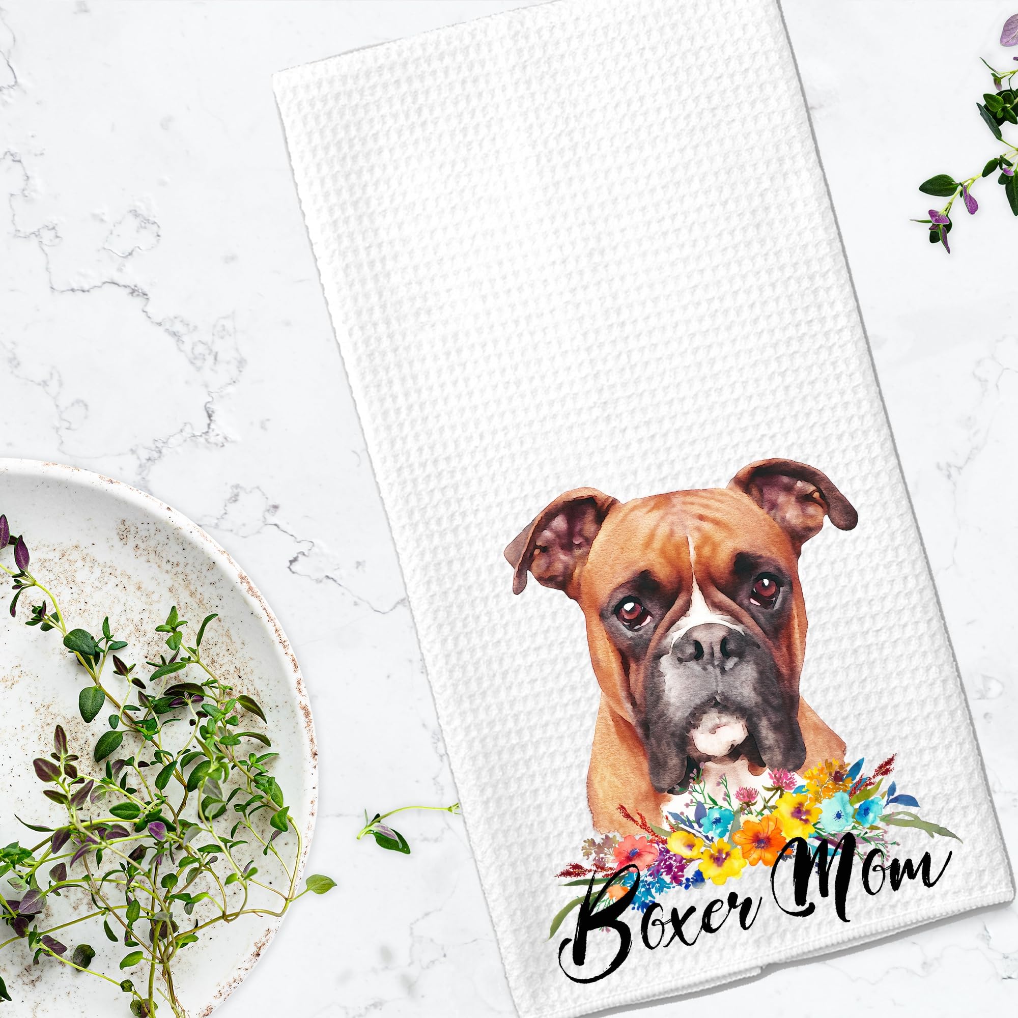 Boxer Mom Floral Waffle Weave Microfiber Kitchen Hand Towel Gift for Dog Lover