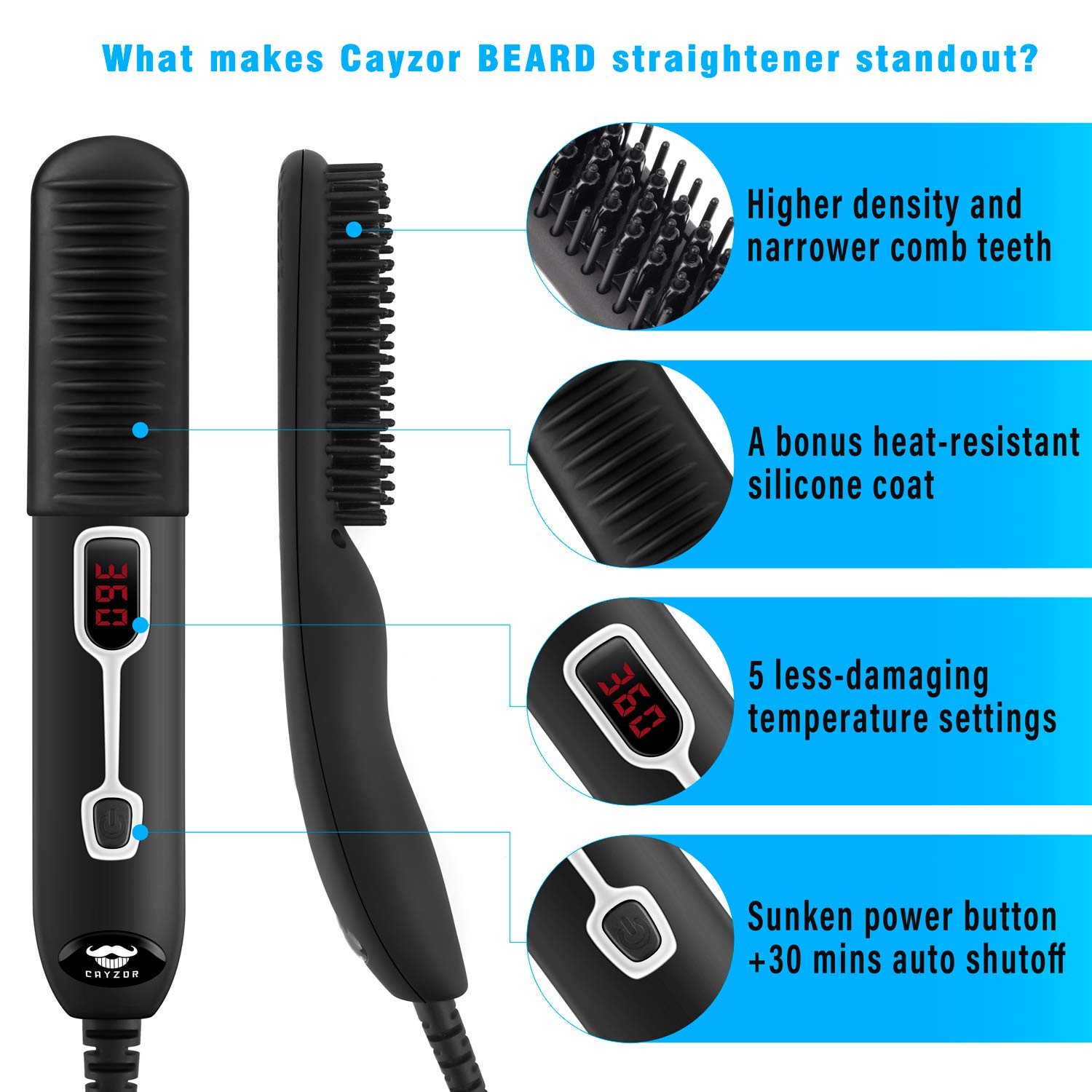 Cayzor Beard Straightener Comb for Men - Upgraded Professional Electric Mens Beard Straightening Heated Brush Portable Anti-Scald 5 Adjustable Temperatures & LCD Display with Carrying Bag