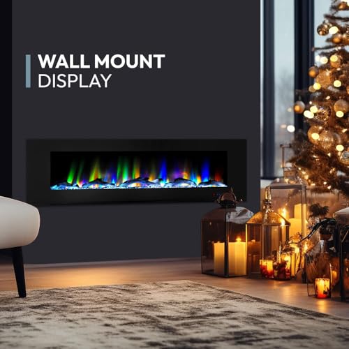 Cambridge 72 Inch Wall Mount Electric Fireplace Heater with Remote Control, Multicolor Flames, and Driftwood Log Display for Indoor Use in Living Room, Bedroom, Home Office, Black