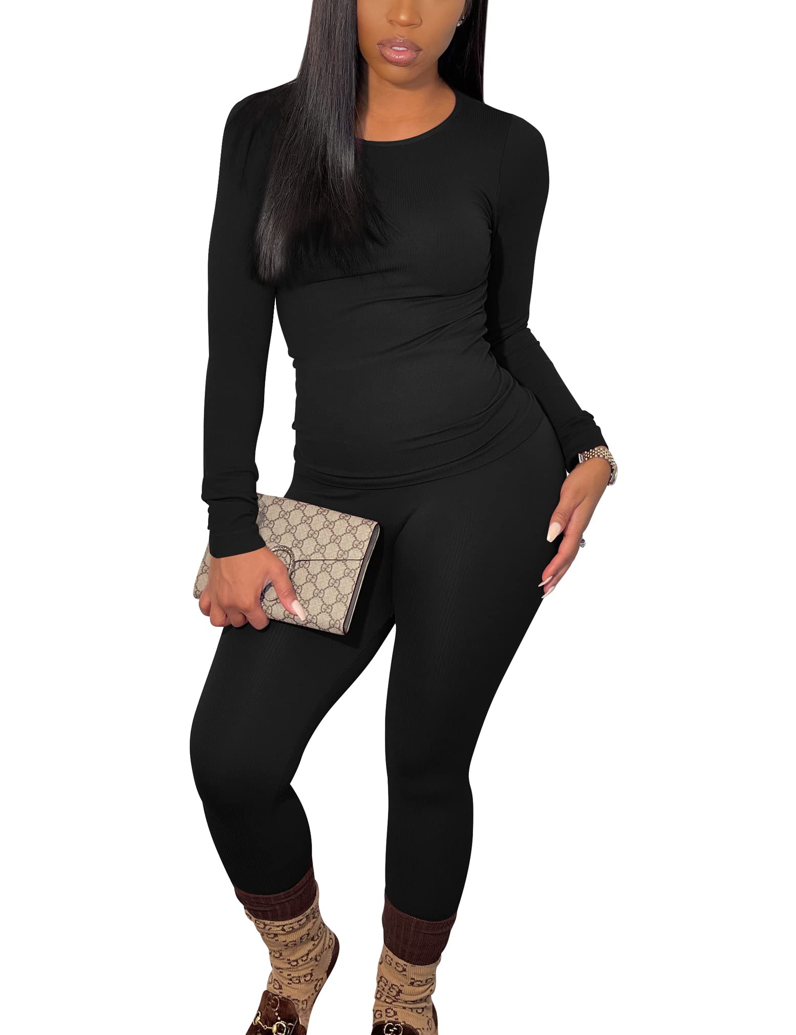 BORIFLORS Women's 2 Piece Track Suits Outfits Workout Long Sleeve Top Jogger Legging Pants Sets,Medium,Black