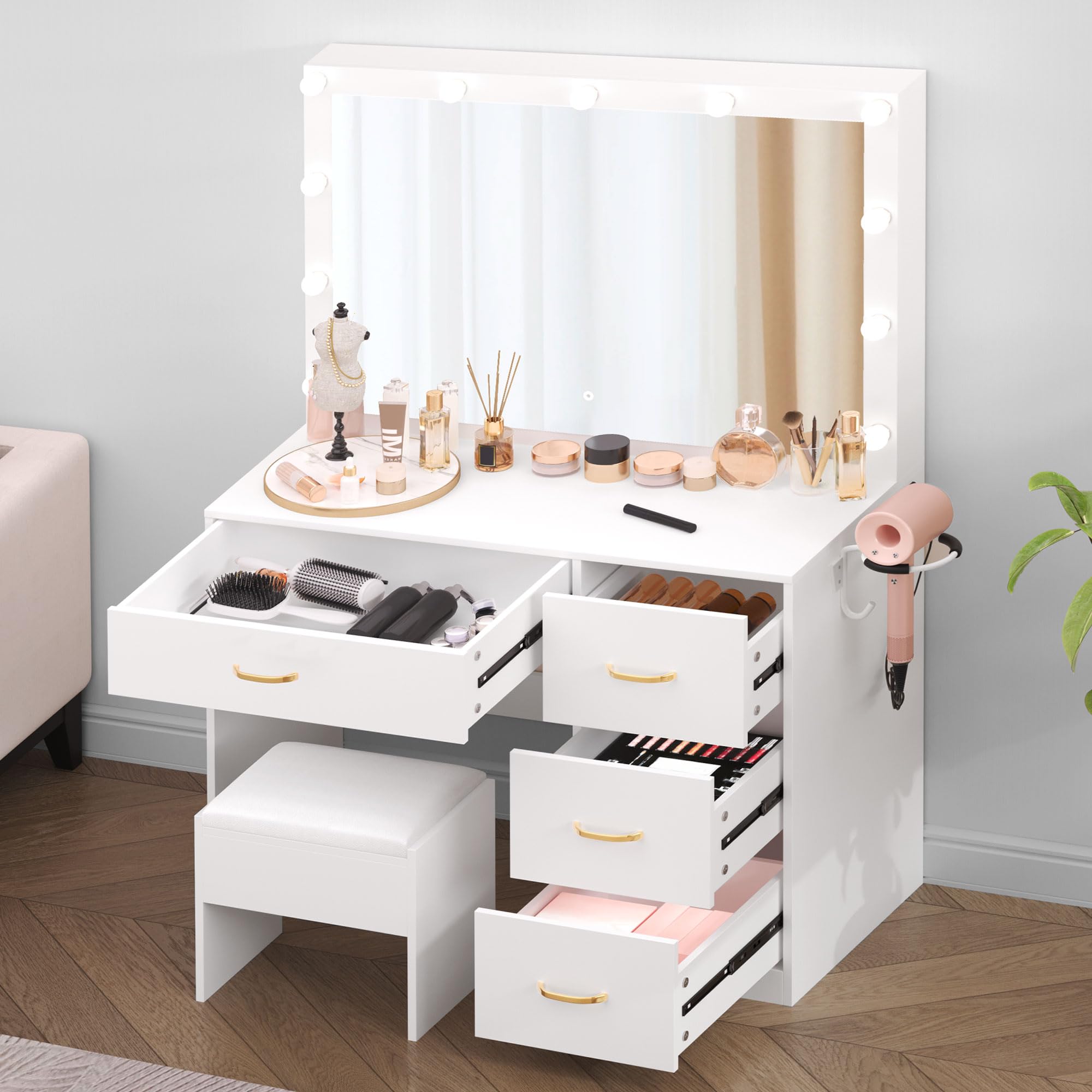 DWVO Makeup Vanity with Lighted Mirror, Vanity Desk with Power Strip, Adjustable Lighting, 4 Drawers, and Cushioned Stool for Bedroom, Dressing Room
