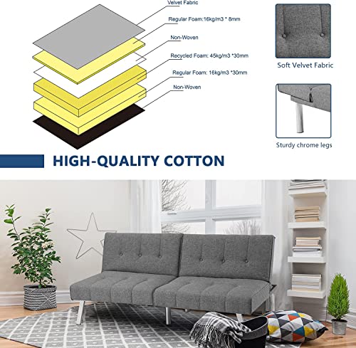 HOMEFLA Sofa Bed, Convertible Sofa with Sturdy Frame, Adjustable Sleeper Sofa for Living Room, Bedroom, Lounge, Dorm or Office Reception Room, 36" D x 65" W x 32" H, Grey