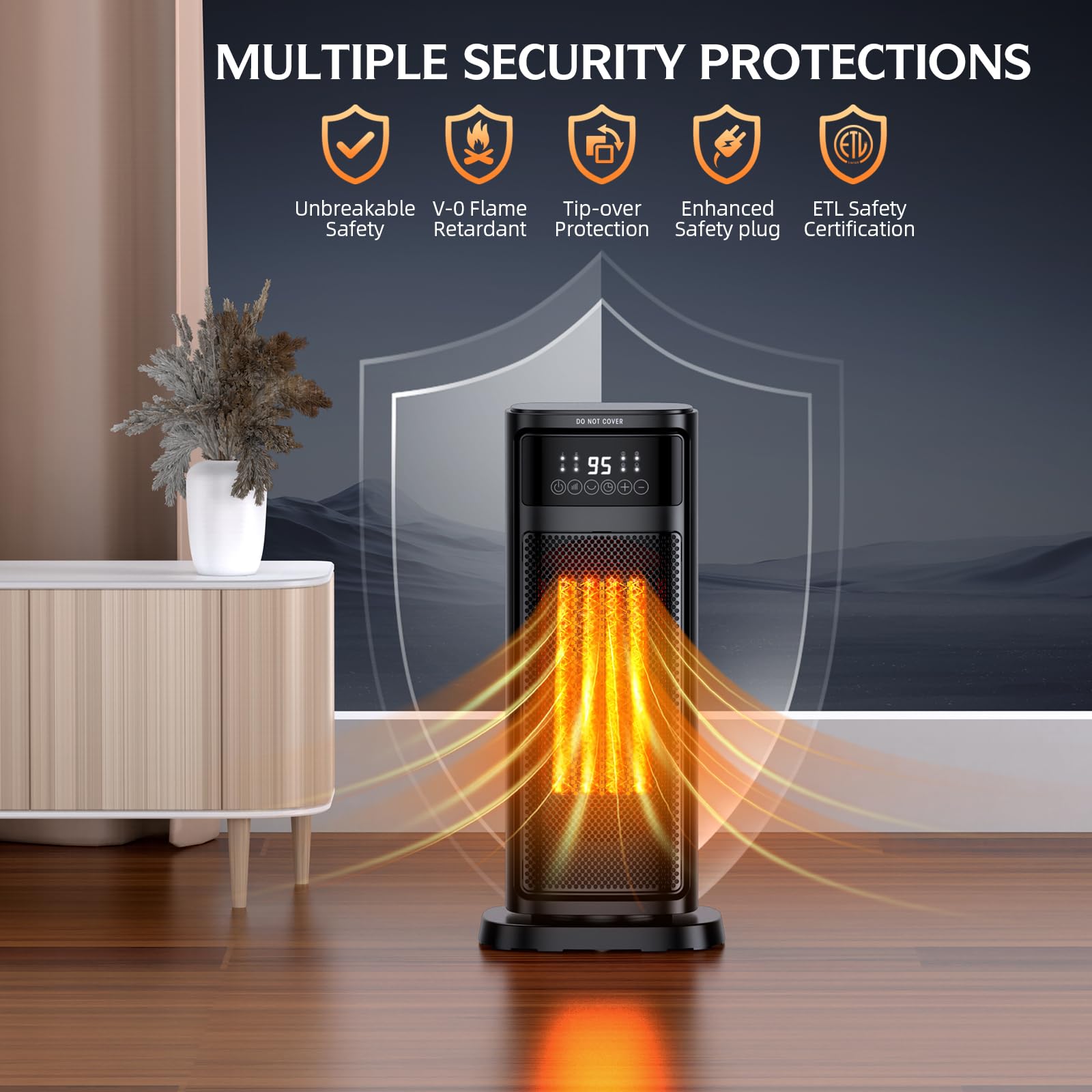 GIOFXY Indoor Space Heater, 1-12H Timer, Digital Display, 70°Oscillation, PTC Ceramic Electric Heating 1500W, Suitable for Office, Home.