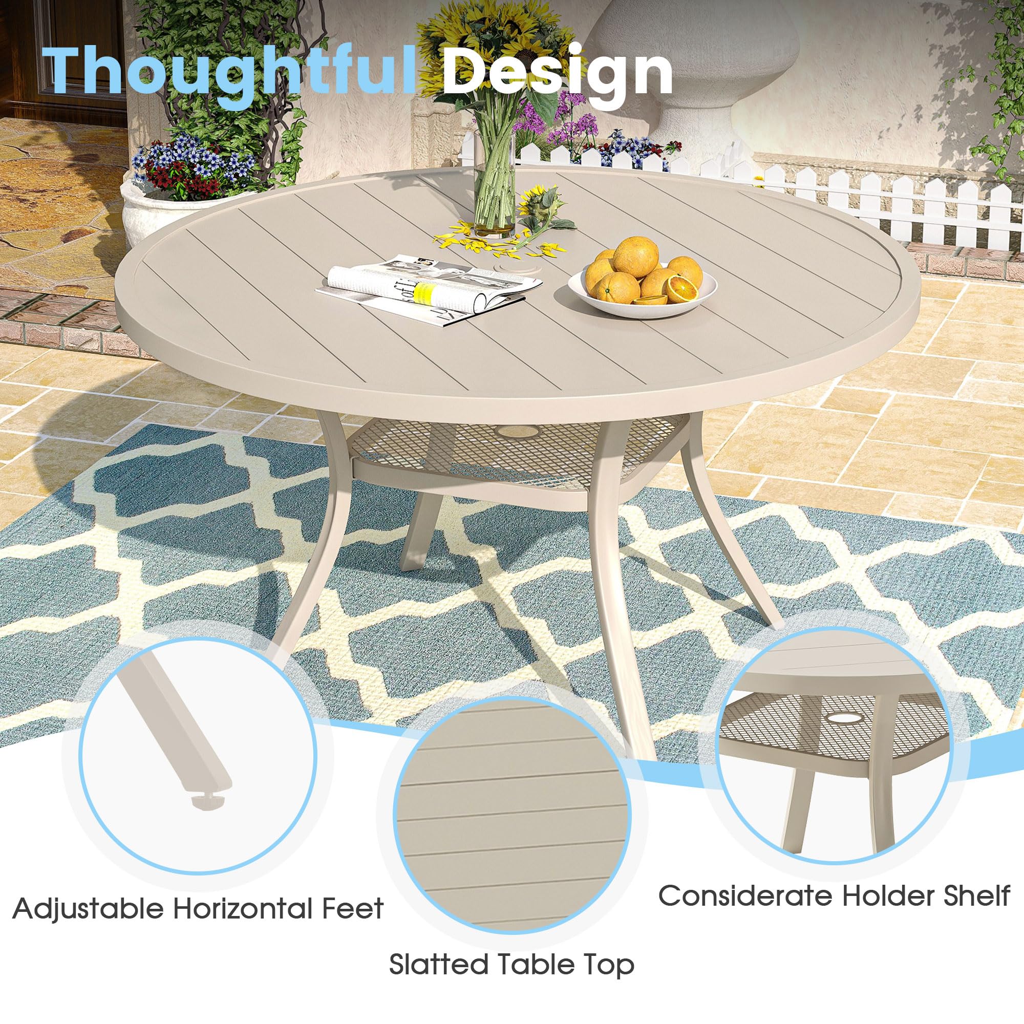 DIFY 7 PCS Patio Dining Set, Outdoor Dining Furniture Set with 47.2" Round Dining Table with Umbrella Hole & 6 Patio Swivel Curved Armrests Chairs for Yard Garden Porch Lawn, Sandshell