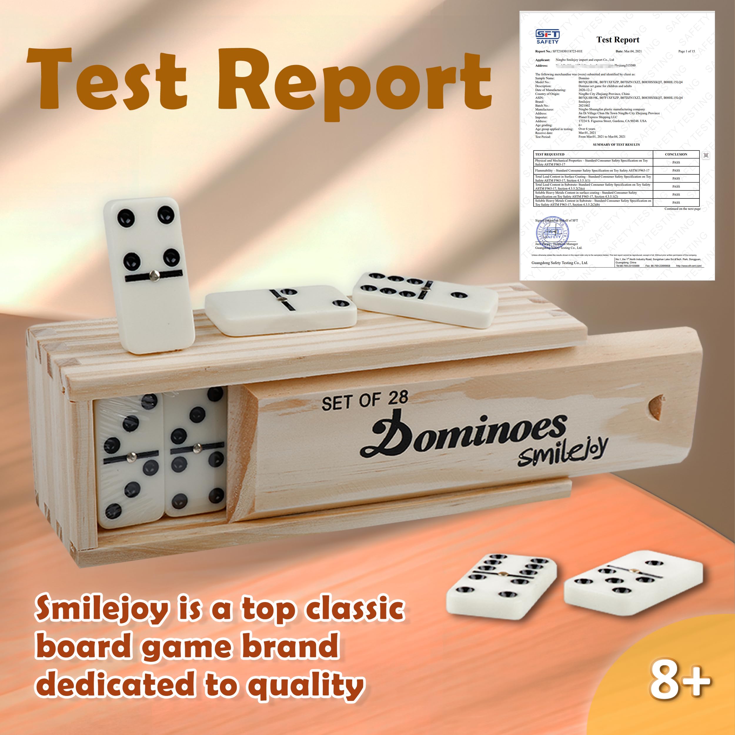 Smilejoy Dominoes Set for Adults, Domino Set for Classic Board Games,Double 6 Domino Game Set 28 Pieces with Wood Case (2 Players)