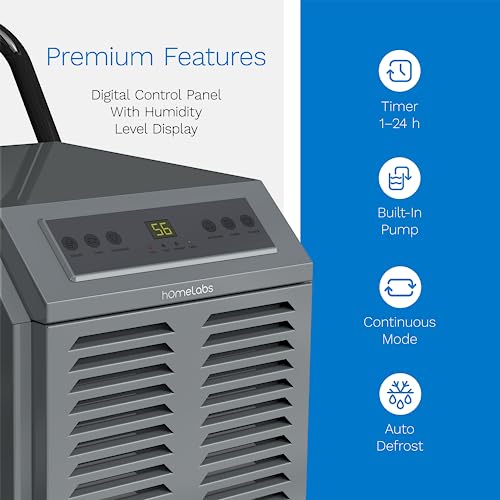 hOmeLabs Commercial Grade Dehumidifier - 160 Pint - Built-In Pump, Drain Hose, Washable Filter - Large Basements, Industrial/Commercial Spaces, Job Sites