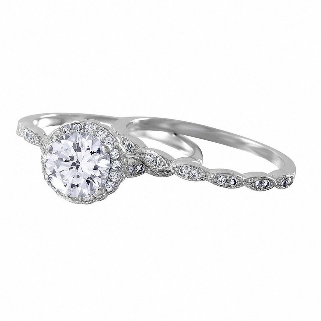 Blue Apple Co. Simulated Cubic Zirconia Size-7 Two Piece Art Deco Halo Wedding Engagement Band Ring Round CZ 925 Sterling Silver