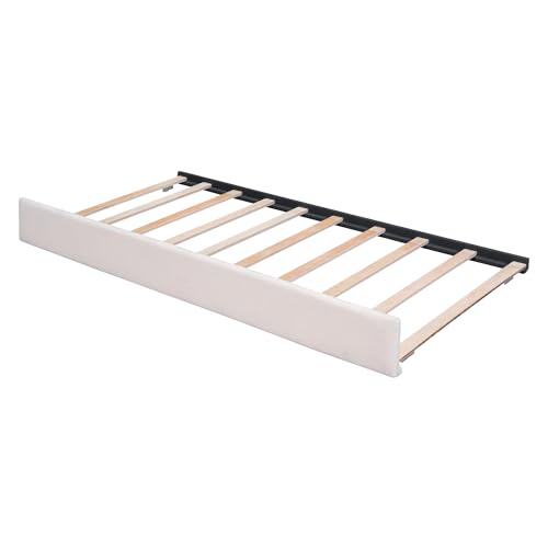 Brisca Full Size Teddy Fleece Upholstered Platform Bed with Trundle and LED,Bed Frame W/Stripe Designed Headboard,for Bedroom,Apartment,Guest Room,Beige