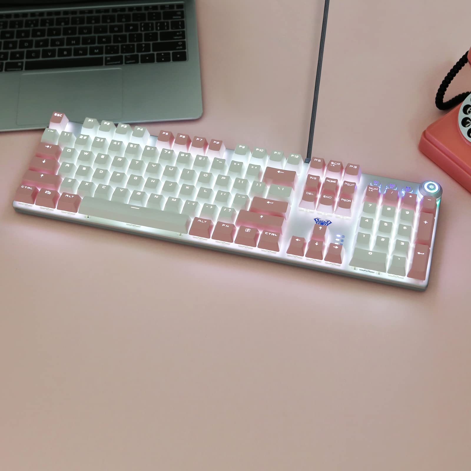 CCTECH Mechanical Gaming Keyboard,USB Wired,Magnetic Wrist Rest,Pure White Backlight Classic Keycaps,for Gaming,Office and Home,Dedicated Media Keys. (Pink)