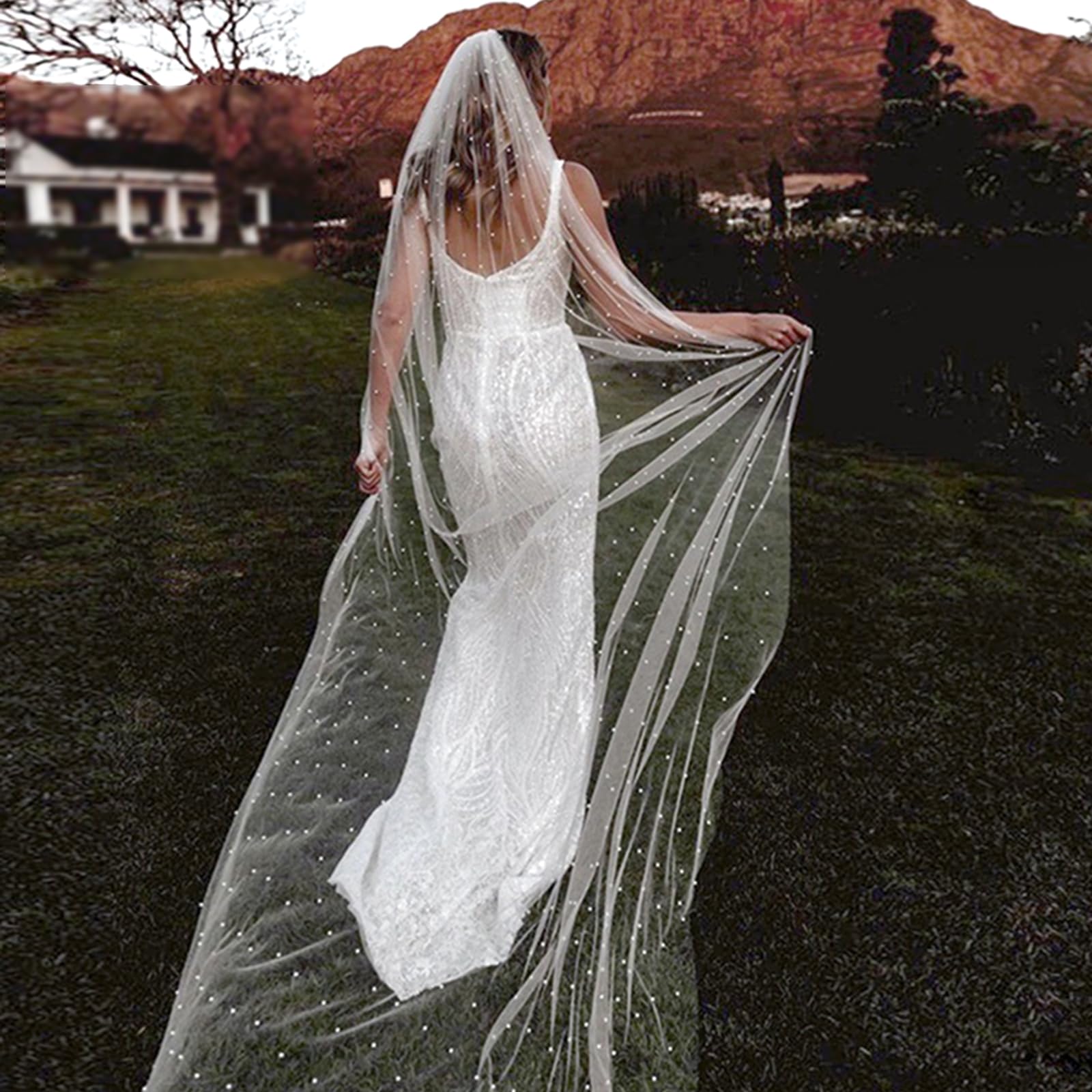 chrumeshi Long Wedding Bride Veil Pearl Cathedral Length Veils For Women With Comb (118(inch), white)
