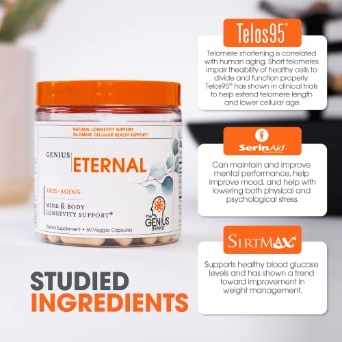 Genius Eternal, Anti-Aging Supplement - Telomere Capsules - NRF2 NADH Activator Supplements, Stem Cell Support for Longevity, Cellular Energy, Metabolism & Repair