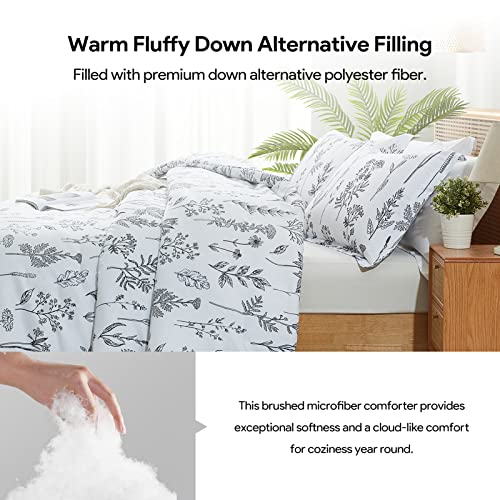 Maple&Stone Queen Floral Comforter Set, White Bedding Set 3pcs Soft and Durable Microfiber with Elegant Plant Flowers Print Bedding Comforter Sets - Includes 2 Pillowcases