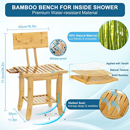 ETECHMART Bamboo Shower Bench with Back and Soap Dish, 2-Tier Shower Chair Bath Seat with Handle for Bathroom Bathtub Elderly Disabled, Waterproof Wood Spa Stool for Inside Shower Legs Shaving, Bamboo