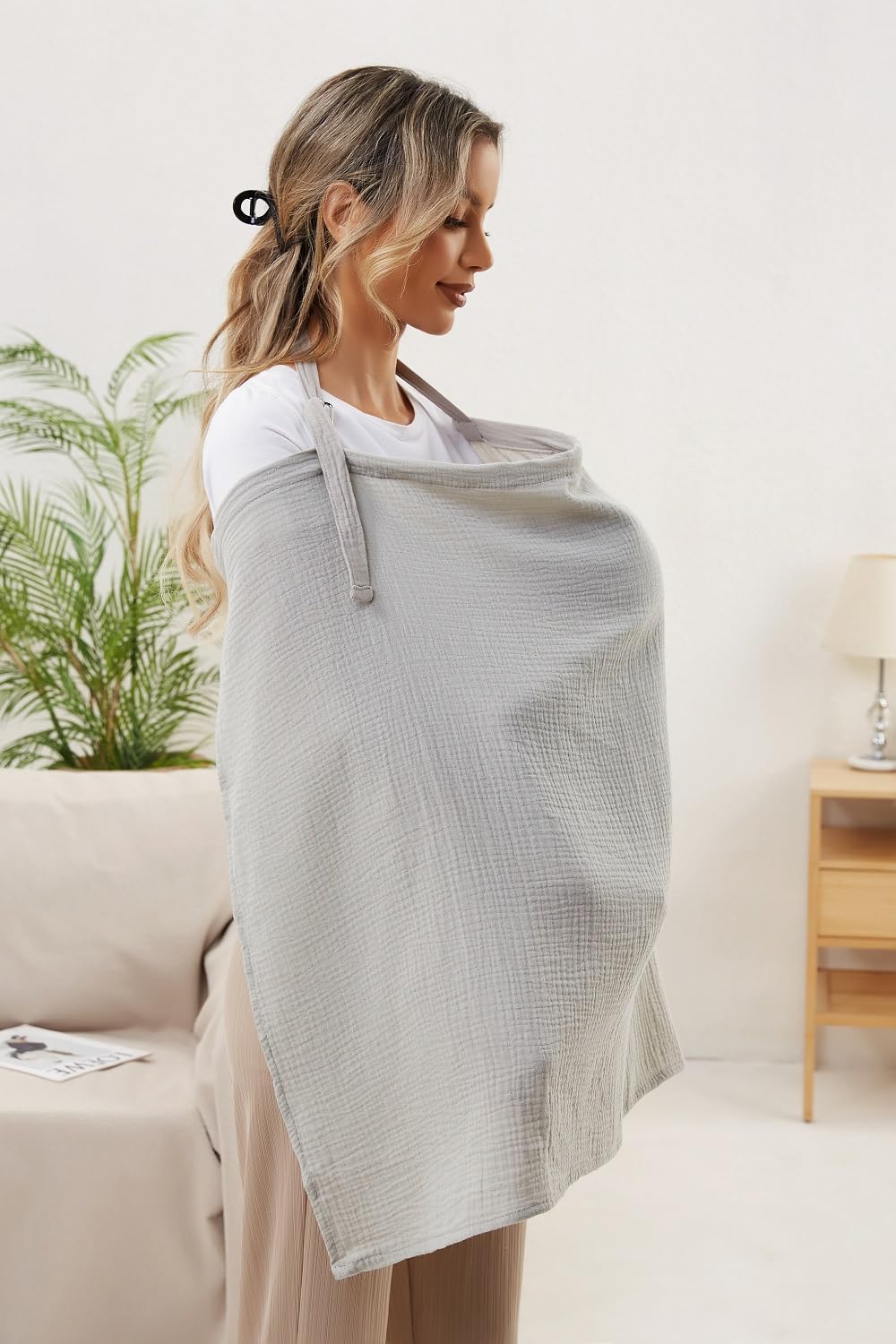 CCYLTL Muslin Nursing Cover for Breastfeeding - Privacy Breathable Breastfeeding Cover with Arch Neckline for Mom Muslin Cotton and Multi-use Adjustable Privacy Nursing Apron, Grey