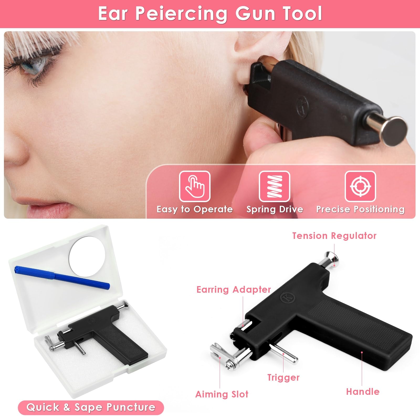 Ear Piercing Gun Kit, 233PCS Self Piercing Earrings Set, Nose Navel Lip Ears Piercer Body Piercing Tools, Earring Piercer with Hypoallergenicear Piercing Needle Kit for Salon & Home
