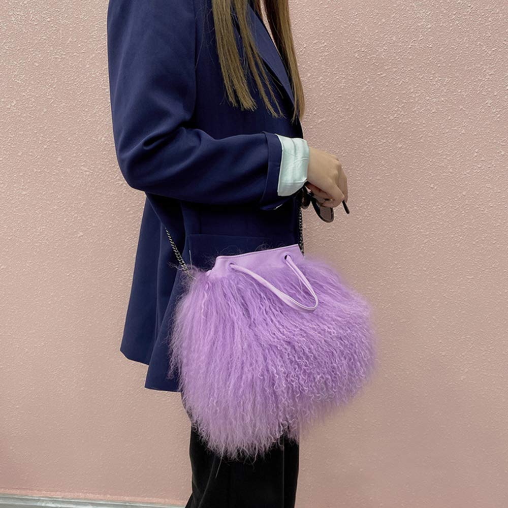 Real Mongolian Fur Luxury Lamb Fur Womens Girls Shoulder Tote Bags Lavender
