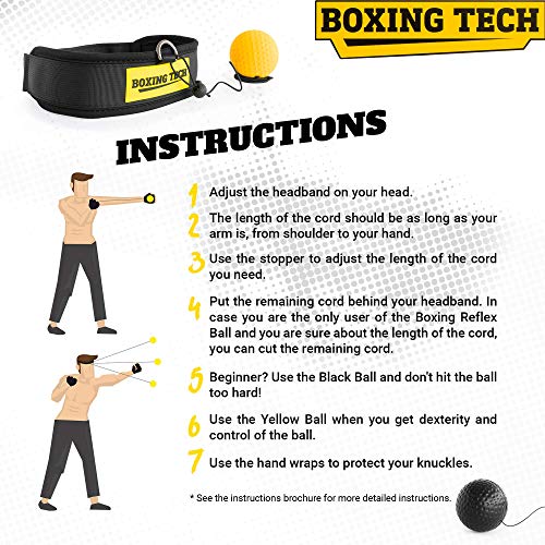 Boxing Reflex Ball Headband Set - Punching Ball on String Adjustable Two Difficulty Level for Training Box Fight MMA Equipment Hand Eye Coordination Speed Reaction with Hand Wraps for Kids and Adults