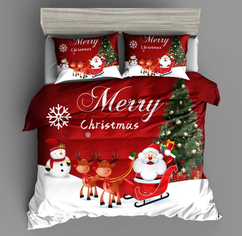 Merry Christmas Duvet Cover Queen Size, 3pc Farmhouse Santa Claus Snowman Snowflake Tree Pattern Microfiber Bedding Comforter Cover Set, 90x90 Red and White New Year Holidays Bed Sets for Women Men