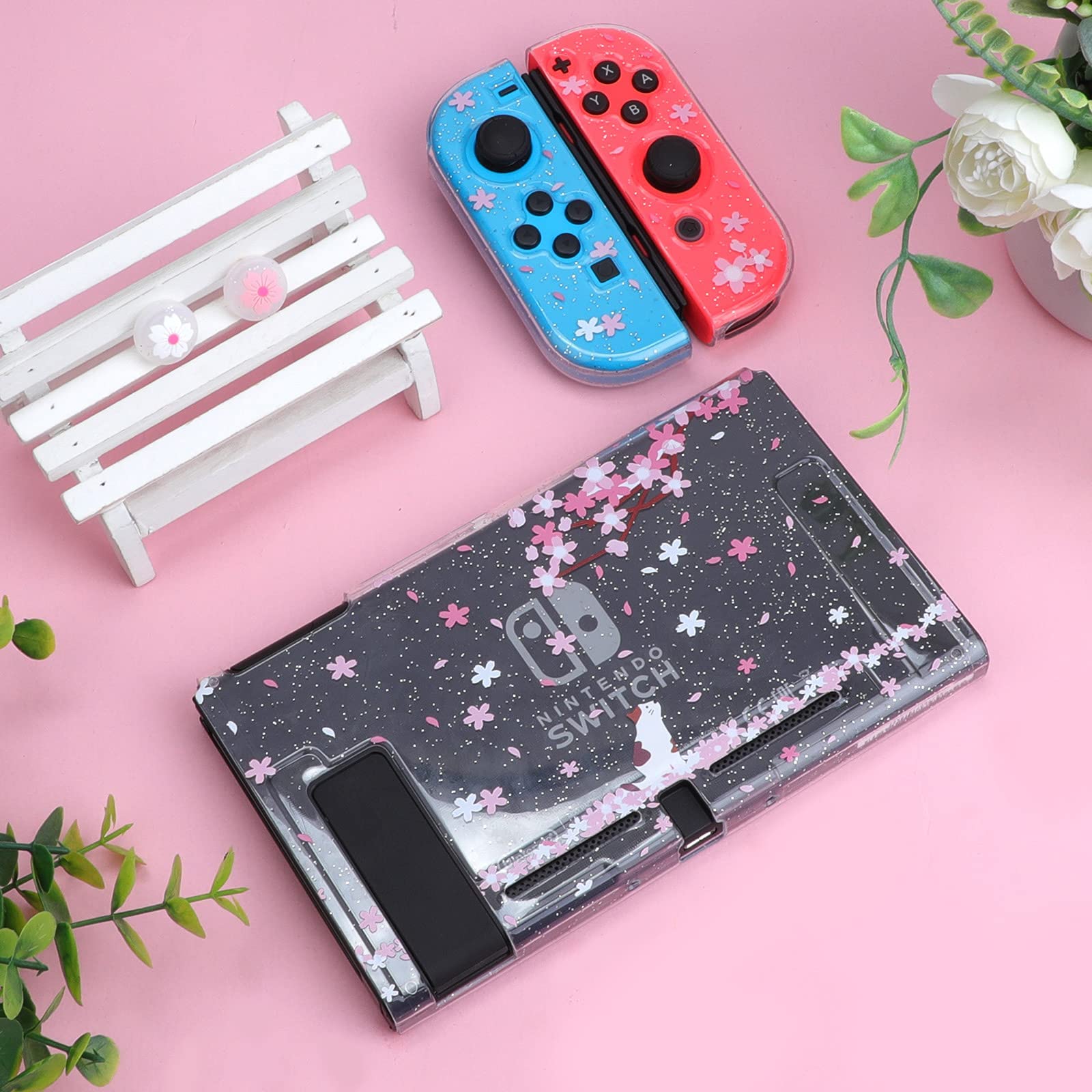 Clear Glitter Case for Switch, Cute Dockable Protective Case for Girls Women, Soft TPU Cover with Cherry Blossoms Thumb Grips Compatible with Nintendo Switch and JoyCon Controller - Pink Sakura Cat