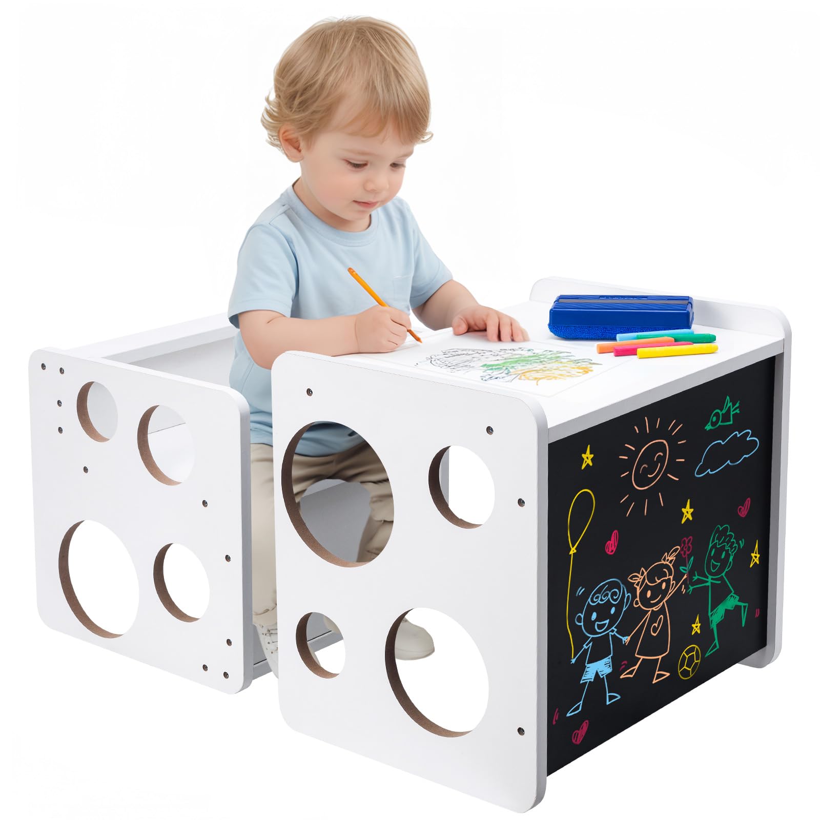 COMAX 3-in-1 Weaning Table Cube Chair Montessori Baby Table and Chair Set for Toddlers 1-3, Small Toddler Chair and Table Set, Wood Single Infant Activity Dining Table