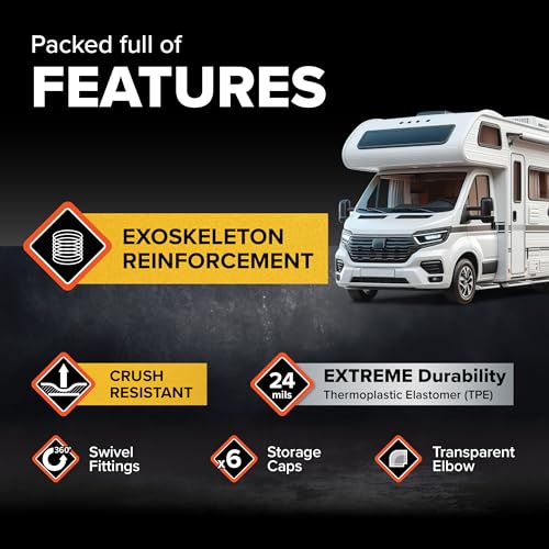 ﻿Camco RhinoEXTREME 20-Foot Camper / RV Sewer Hose Kit - Premium Sewer Kit - Pre-Assembled & Ready-to-Use - Includes 4-in 1 Dump Station Adapter & Storage Caps - Crush & Abrasion Resistant (21012)