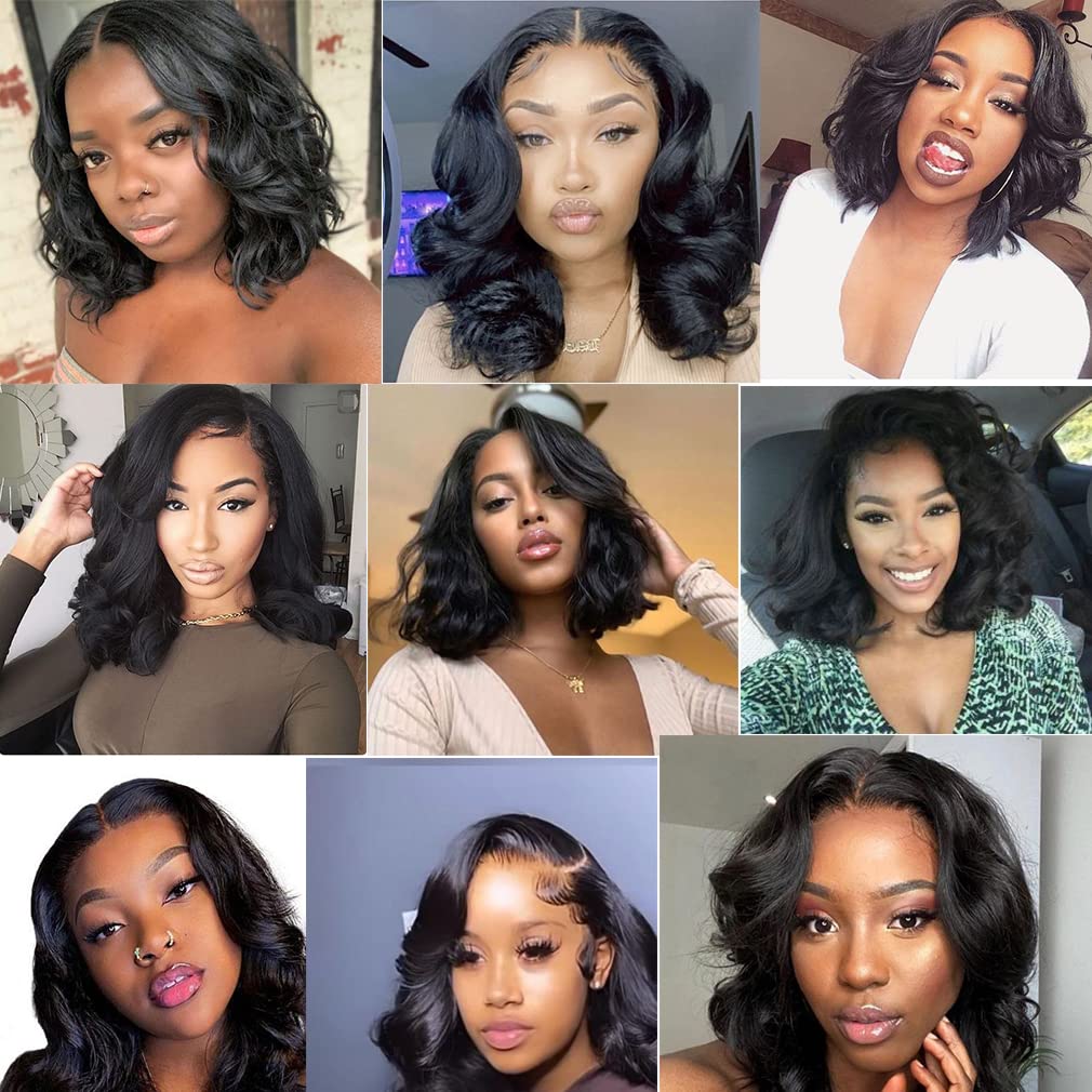 Bugtum Short Bob Human Hair Wig - 4x4 Lace Front, Pre-Plucked, Body Wave, Ocean Wave - Natural Color (10 Inch)