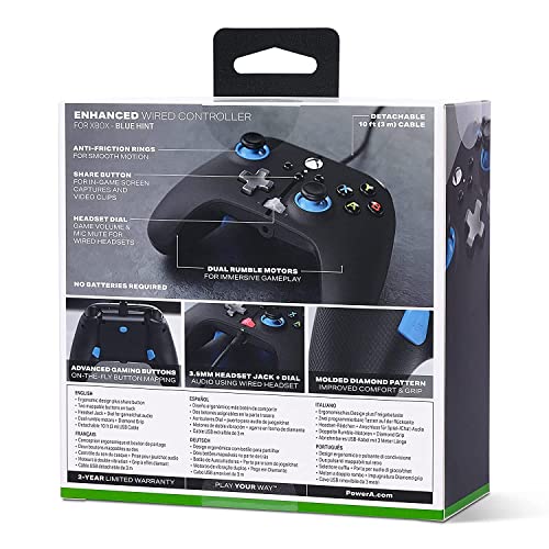 PowerA Enhanced Wired Controller for Xbox Series X|S - Blue Hint, gamepad, wired video game controller, gaming controller, Xbox Series X|S, Officially Licensed for Xbox