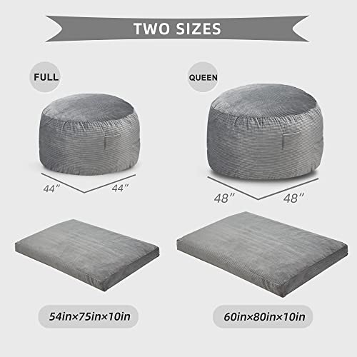 Homguava Corduroy Bean Bag Chair, Variable Shape from Bean Bag to Matress, Convertible Beanbag Chair for Home, Living Room(Grey, Full)