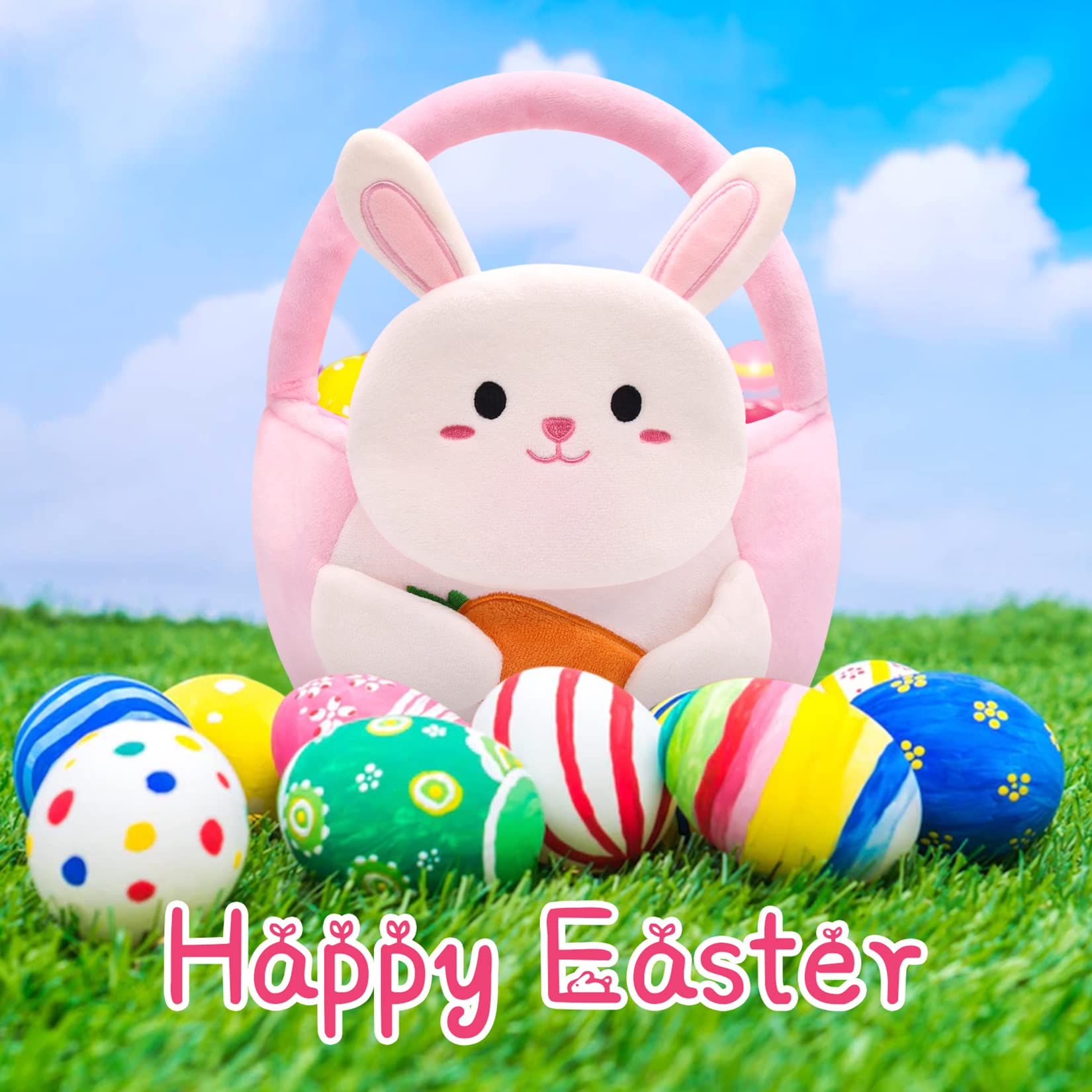 Easter Basket for Kids, Easter Baskets with Handle for Easter Eggs Hunting, Easter Basket Cute Easter Decoration Bunny Bags, Easter Theme Party Favor Easter Gifts for Girls Boys