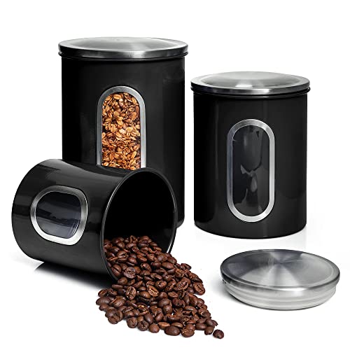 Moss & Stone 3 Piece Black Canisters Sets For The Kitchen, Kitchen Jars With See Through Window | Airtight Coffee Container, Tea Organizer, And Sugar Canister, Kitchen Canisters Set of 3 (Black)
