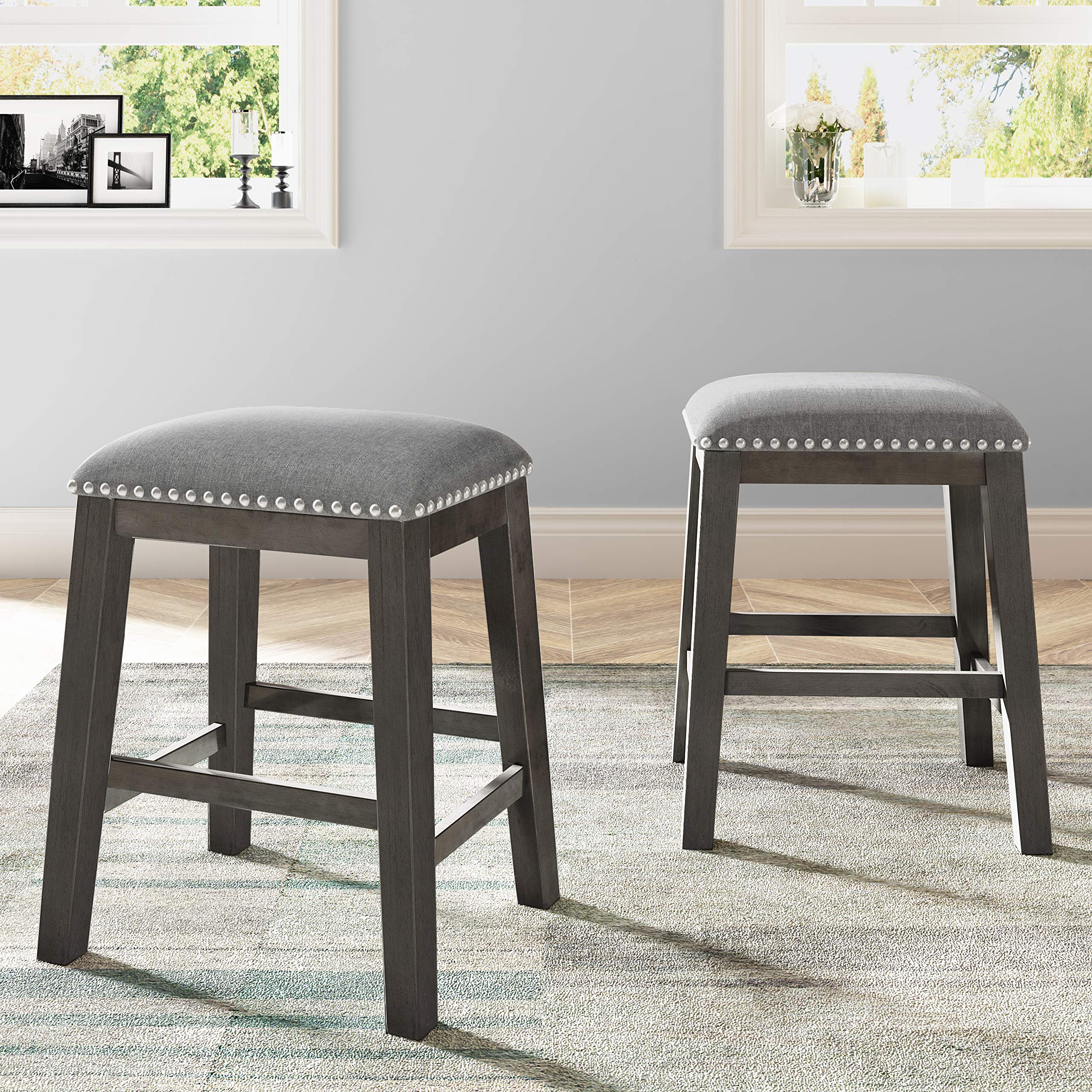 Bellemave 5 Pieces Counter Height Dining Table Set for 4,Rustic Farmhouse Wooden Bar Table Set with 3-Tier Shelf, 2 Stools and 2 Chairs for Kitchen Dining Room(Grey)