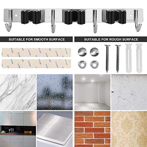 Favbal Broom Hanger Wall Mounted, 2PCS Mop and Broom Holder Wall Mount Garage Organization and Storage Stainless Steel Kitchen Tool Organizer Wall Hanger for Laundry Room Garden Garage Closet Kitchen