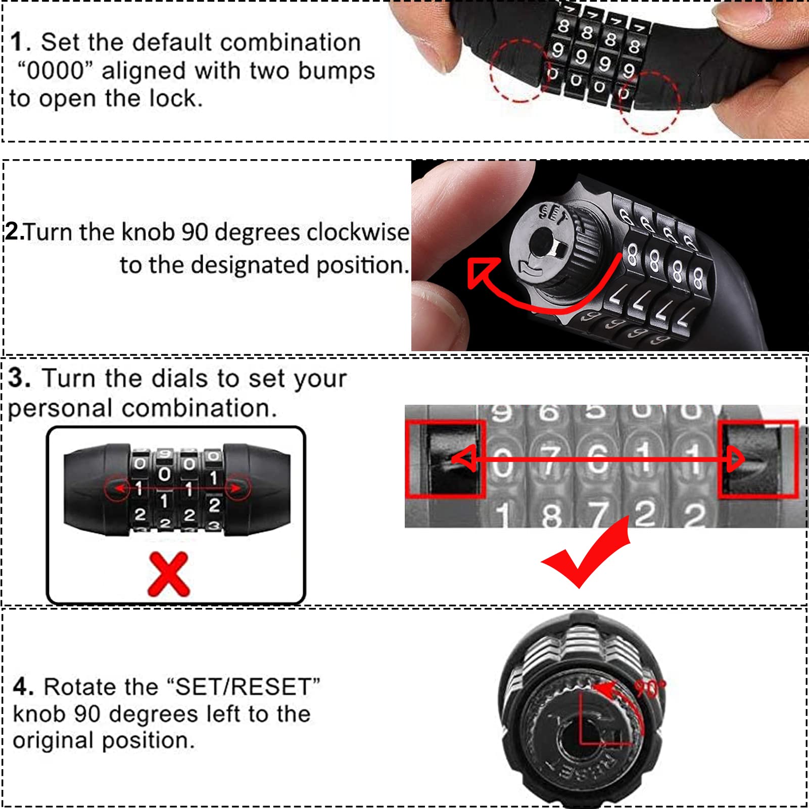 Bike Lock Cable, Anti Theft Bicycle Lock Chain, Bike Combination Lock 4 Digit Security Resettable Self Coiling Combination Cable Combo Bike Locks without Mounting Bracket, 2 Feet x 1/2 Inch (Black)