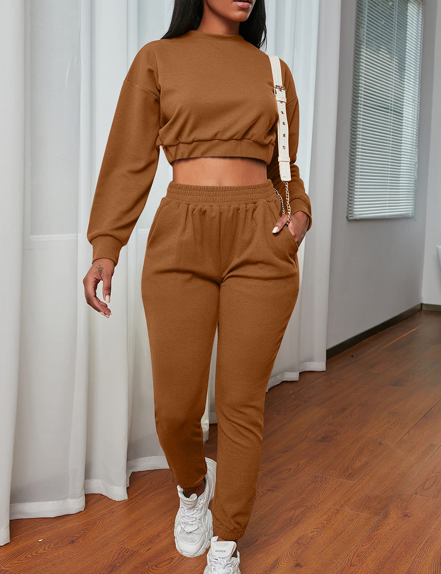 BORIFLORS Women's Workout Track Suit 2 Piece Outfits Long Sleeve Sweatsuits Jogger Pants Sets,Medium,Coffee