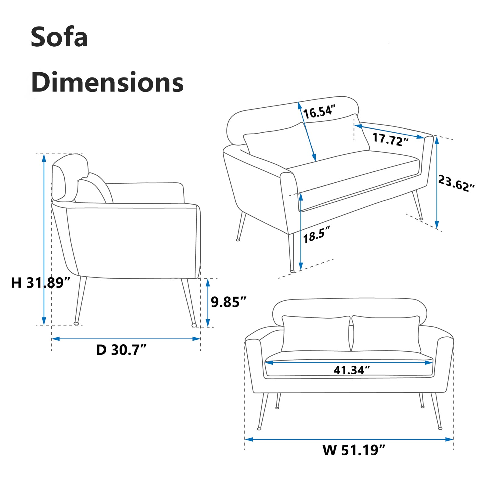 Betoko 51ββ Loveseat Sofa Small Couch Two Seat Mid Century Modern Sofa with 2 Throw Pillows and Gold Metal Legs for Small Space Office Studio Apartments Bedroom, Pink