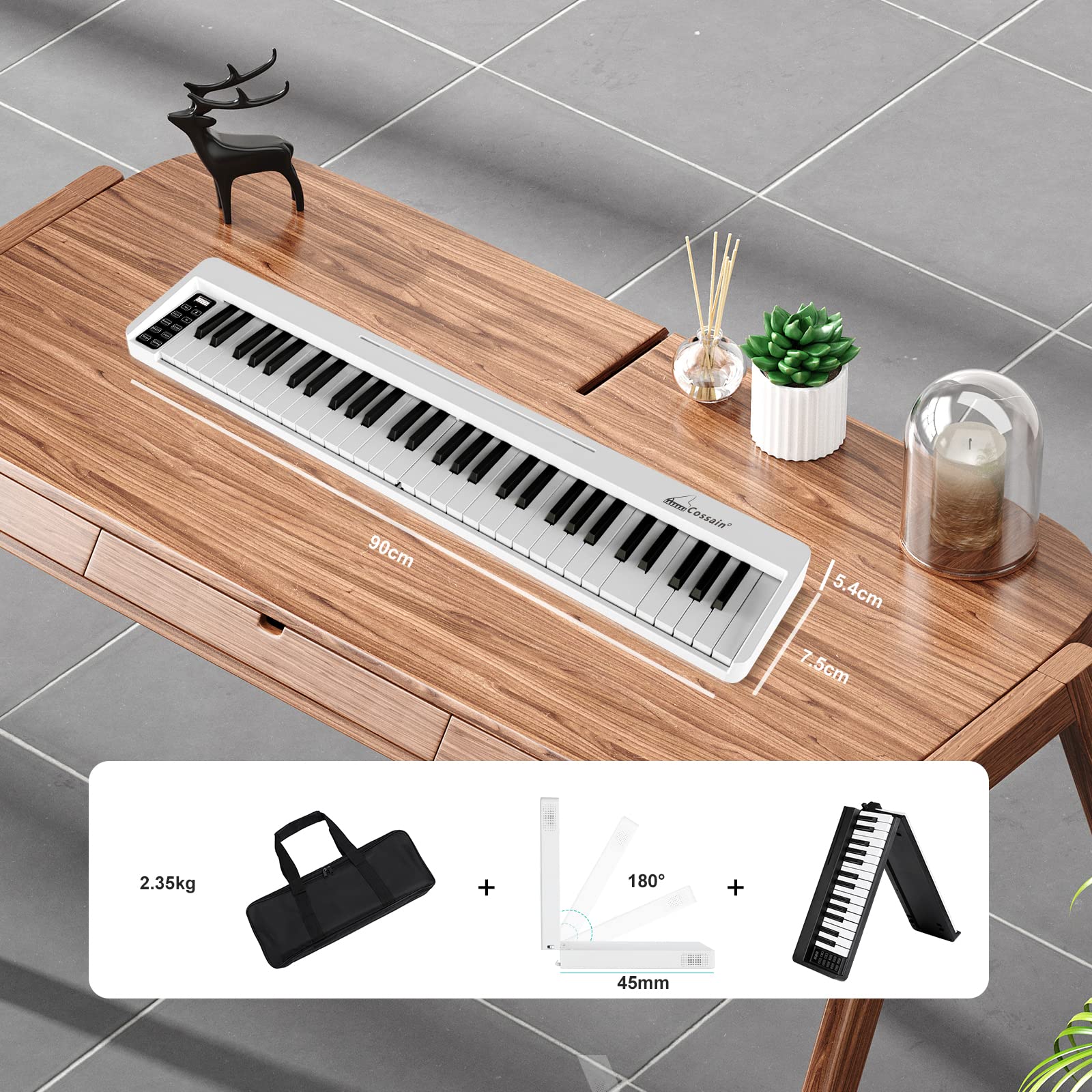 Cossain Folding Piano 61 Key Keyboard with Upgrade Imitation Wood Texture Keyboard 61 Key Digital Piano with MIDI Portable Piano Keyboard for Beginners - Deep Black