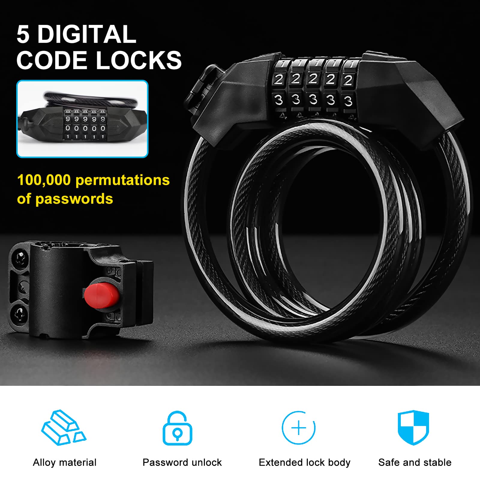 Bike Lock Cable - Strong Durable Bicycle Lock 4 Feet Portable Heavy Duty Anti Theft Cable Locks 5 Digit Combination Cable Bike Lock with Holder Easy to Use Suitable for Bicycles(Black)