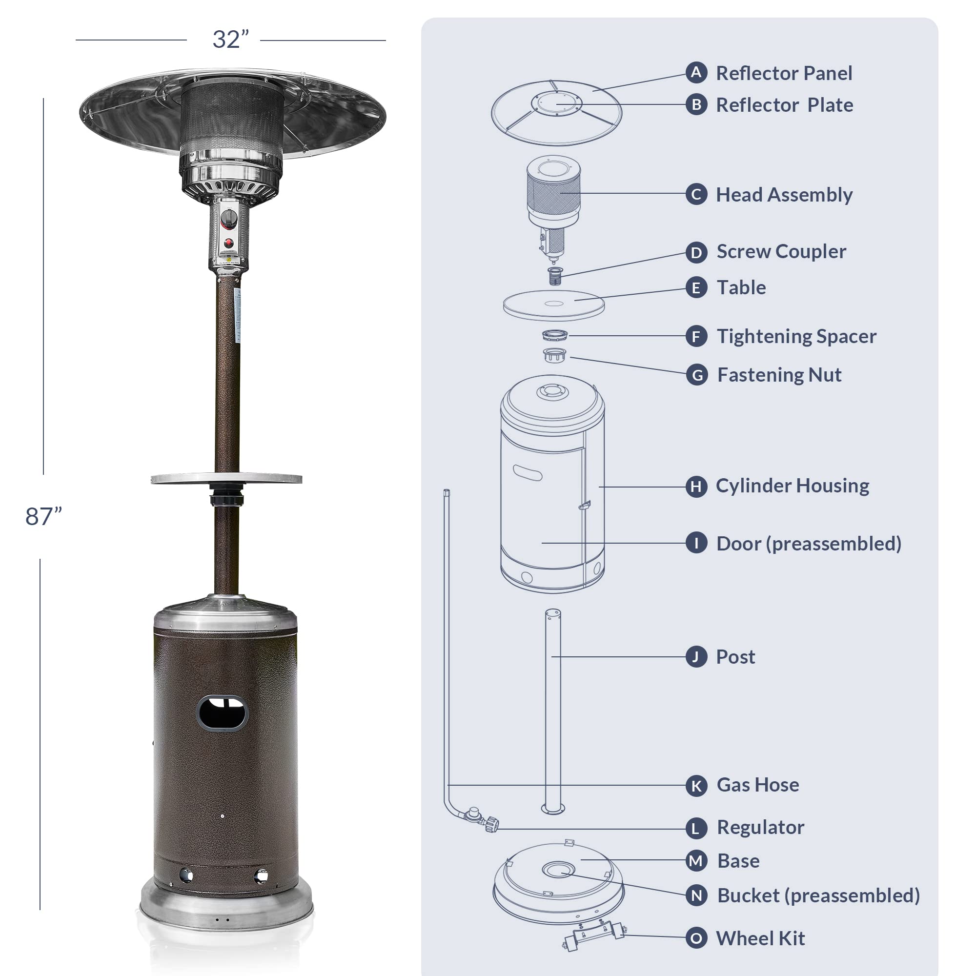 BELLEZE 48,000 BTU Outdoor Propane Heaters for Patio, CSA Certified Outdoor Heaters with Safety Auto Shut Off Valve, Piezo Ignition System, Wheels for Portable Mobility, Hammer Finished - Bronze