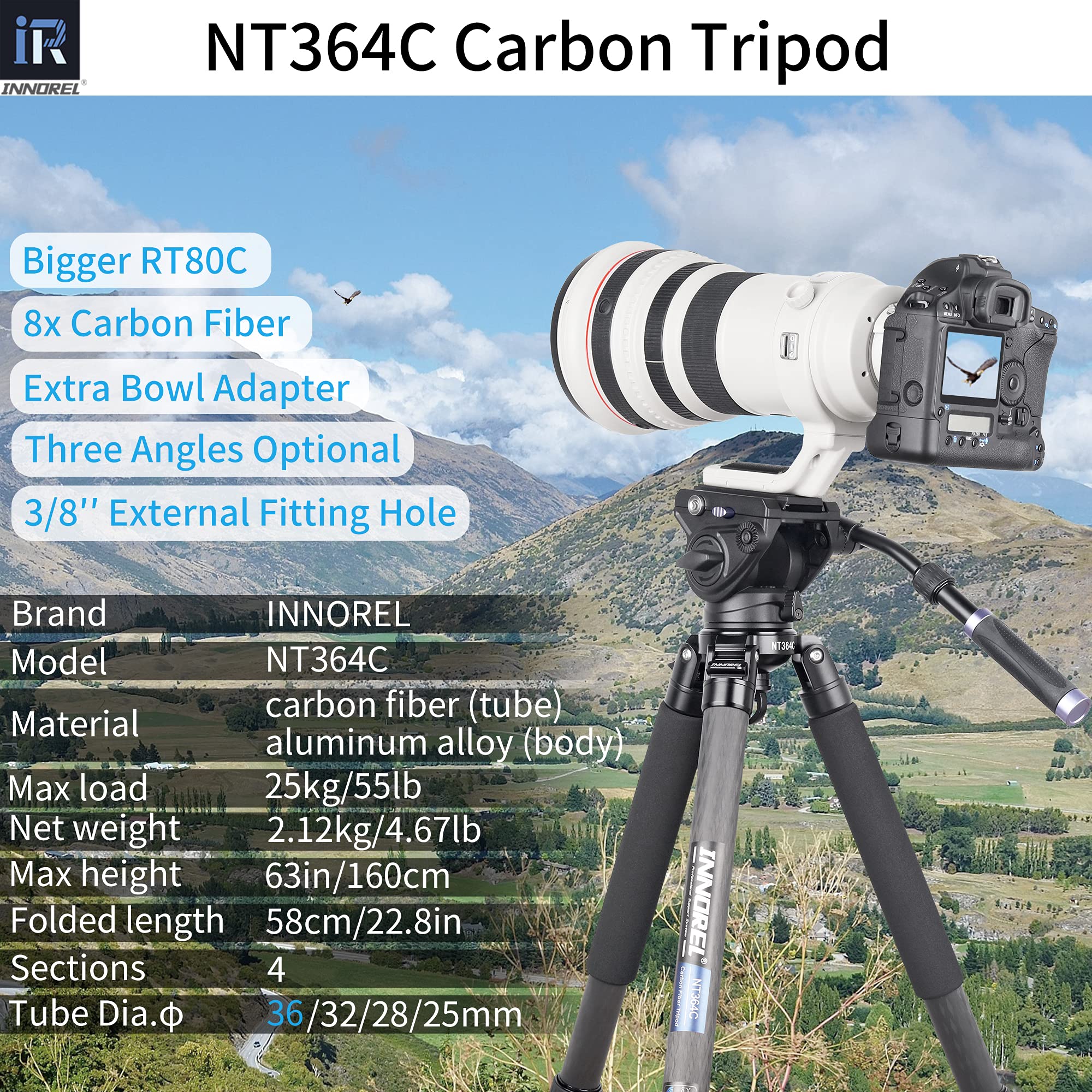 Carbon Fiber Tripod INNOREL NT364C Professional Birdwatching Heavy Duty Camera 55lb/25kg Max Load Bowl Tripod Birdwatching Camera Stand with 75mm Bowl Adapter (Max Tube 36mm, Tripod + Bowl Adapter)
