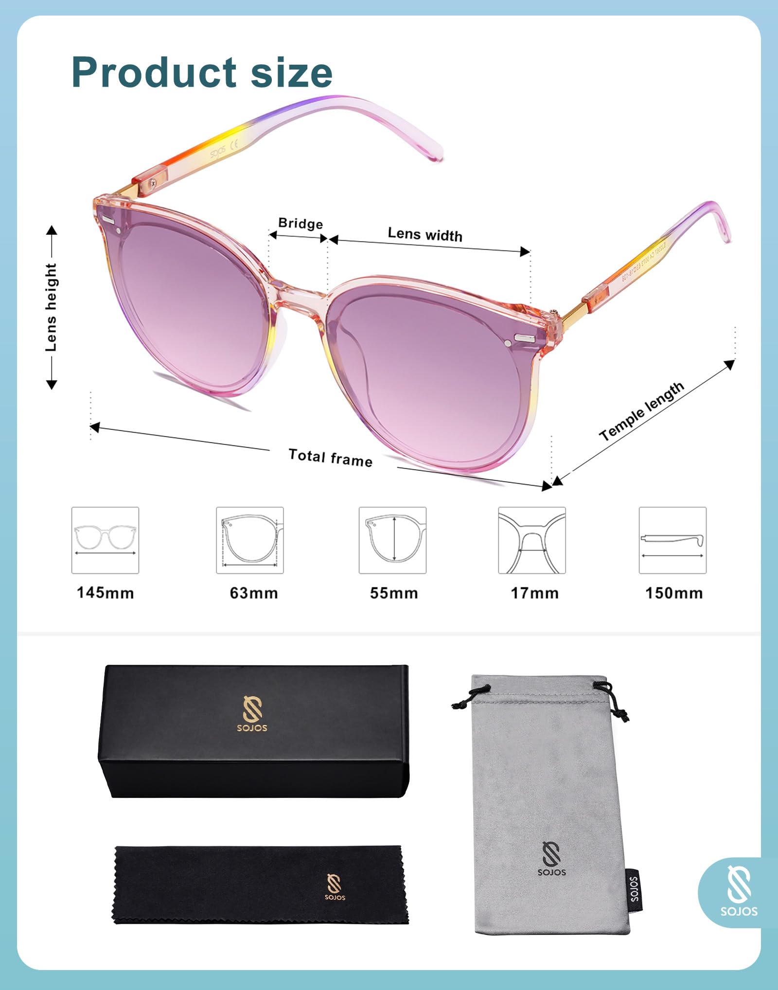 SOJOS Classic Round Sunglasses for Women Men Retro Vintage Shades Sunnies SJ2067 with Rainbow Large Plastic Frame/Gradient Purple Top and Pink Bottom Lens