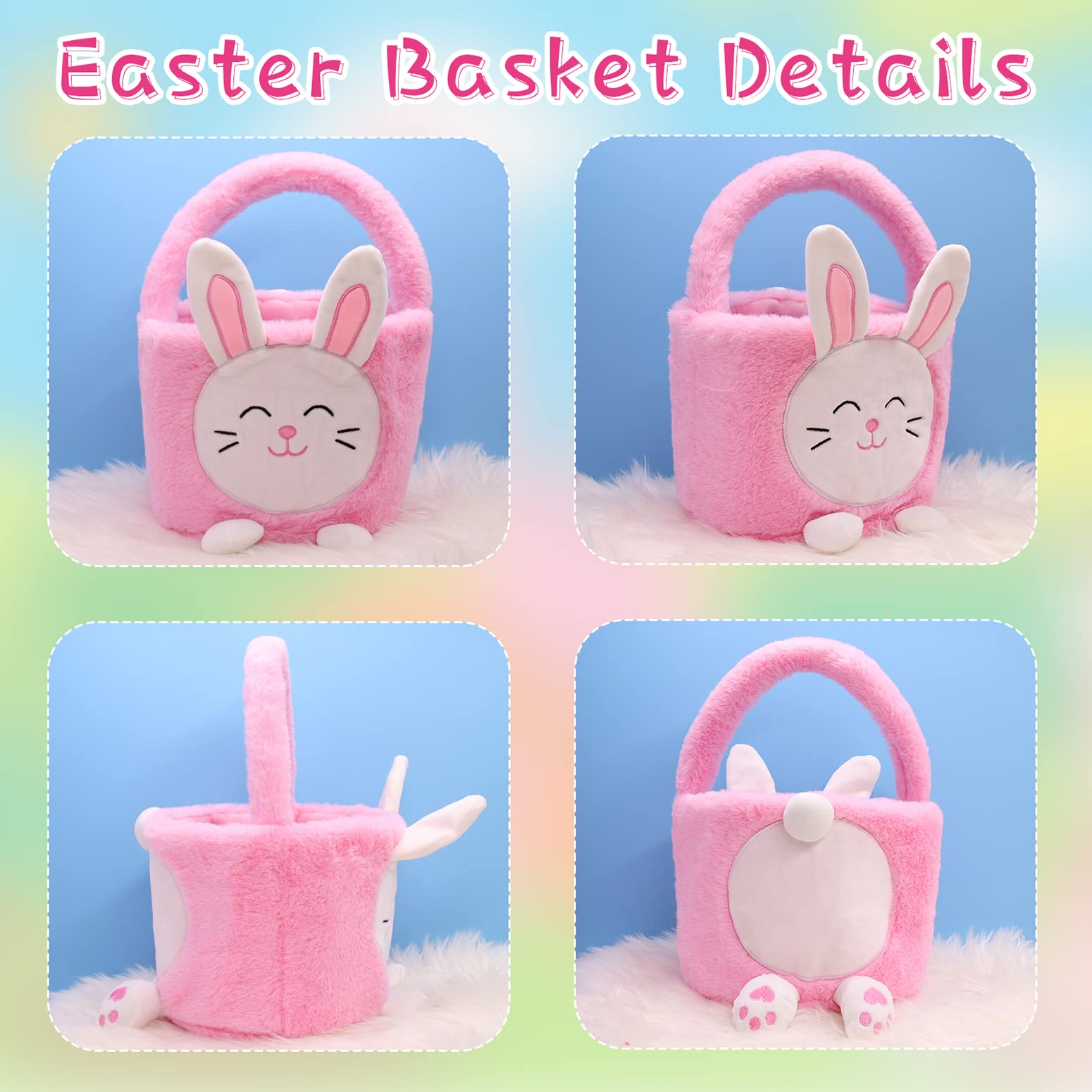 Easter Bunny Baskets, Easter Egg Hunt Basket for Kids Bunny, Easter bunny tote candy bags canvas bags, Bunny Gifts Bags Carry Bucket Easter Decorations, Pink
